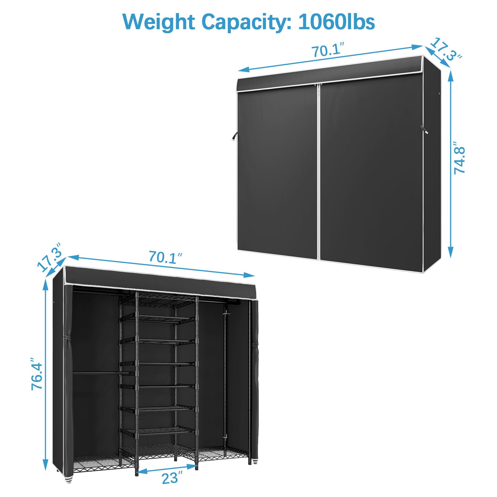 VIPEK S3C Heavy Duty Portable Closet with Adjustable Shoe Rack Wire Shelf, Large Wardrobe Organizer for Bedroom Storage, Freestanding Clothes Rack with Hanging Rod, Custom Black Rack with Black Cover