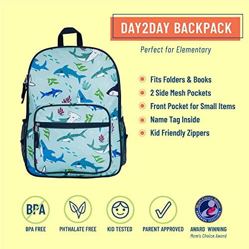 Wildkin Day2Day Kids Backpack for Boys and Girls, Perfect for Elementary Backpack for Kids, Features Front and 2 Side Mesh Pocket, Ideal Size for School and Travel Backpacks (Shark Attack)
