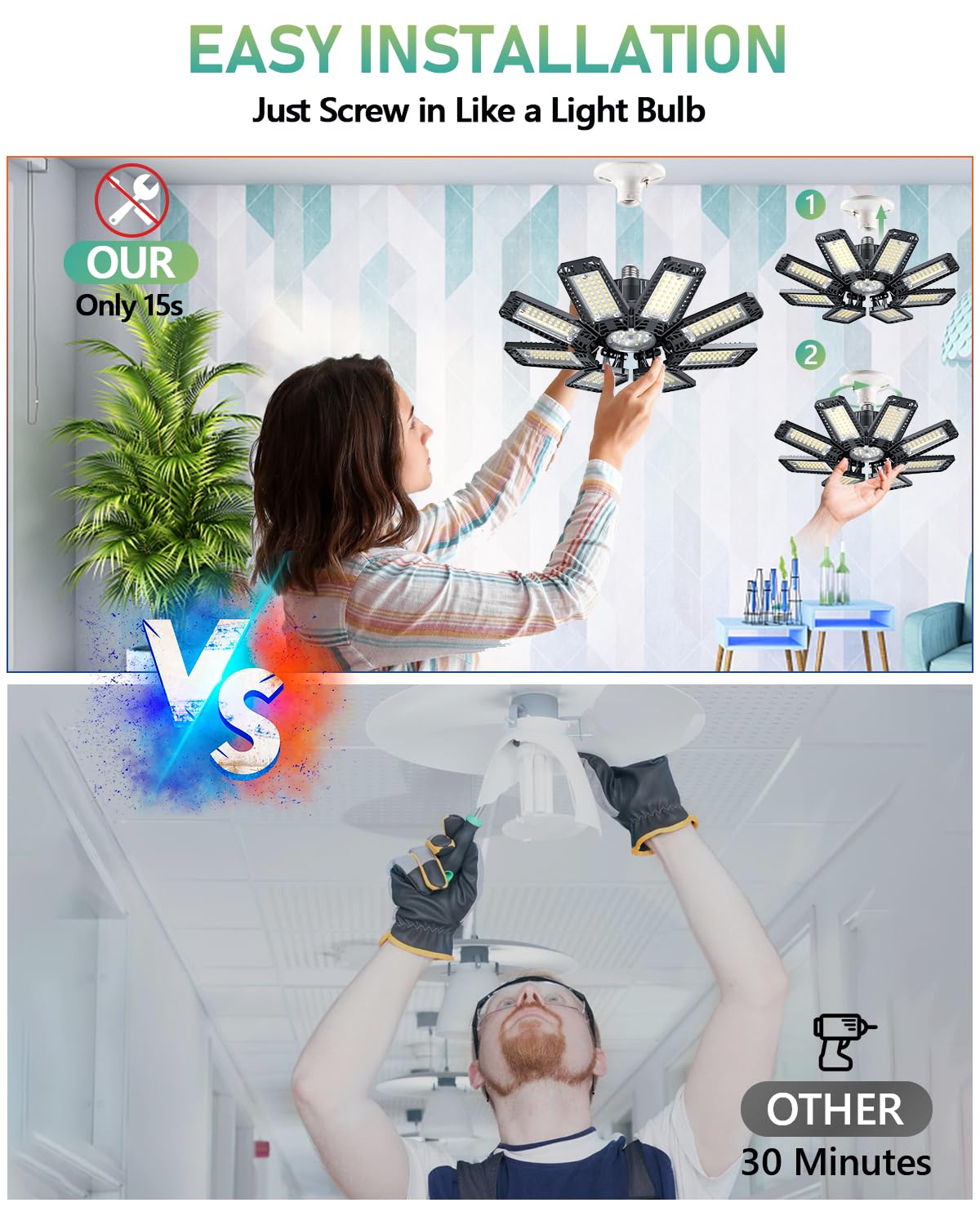 YIBEYYDS LED Garage Lights Garage Light - 240W 24000LM Garage Lights Ceiling LED,6500K LED Garage Ceiling Lights with 8+1 Deformable Panels Support E26/E27 for Garage, Workshop, Basement (2)