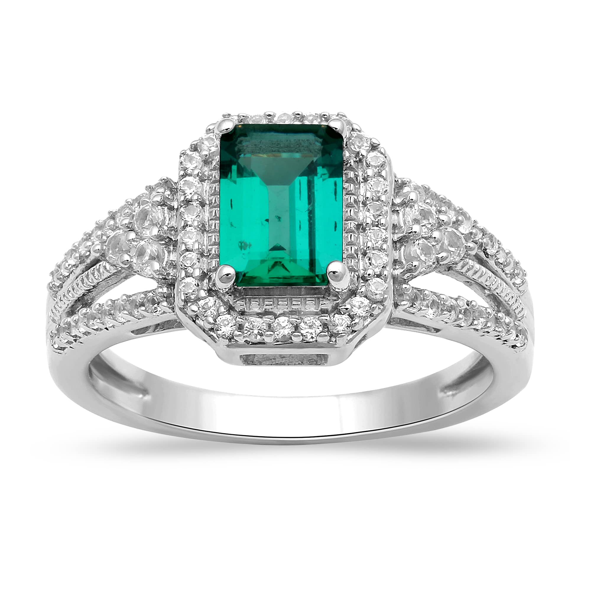 Jewelili Sterling Silver 7x5MM Octagon Created Emerald and Round Created White Sapphire Halo Ring, Size 7