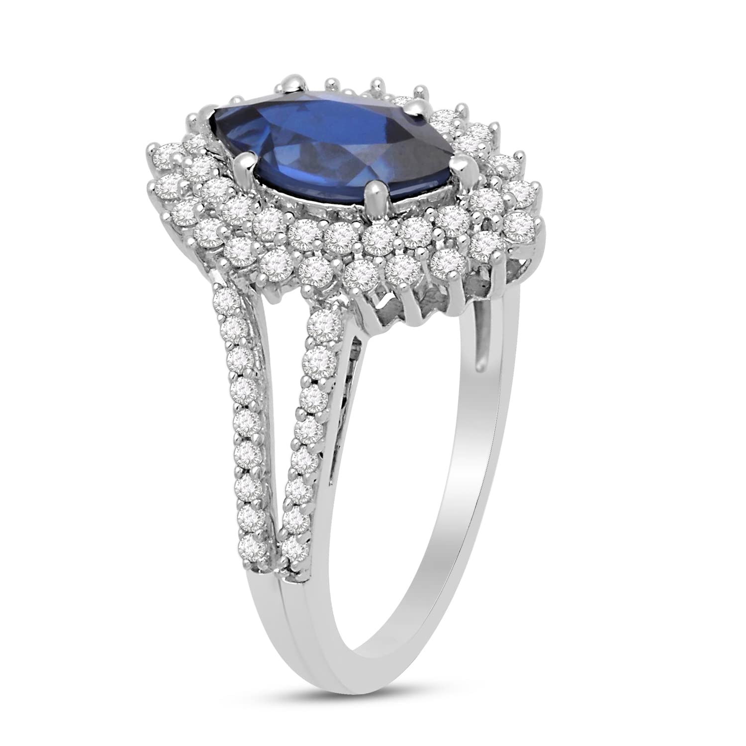 Jewelili Sterling Silver 10x5mm Marquise Created Ceylon Sapphire with Round Created White Sapphire Cocktail Ring, Size 7