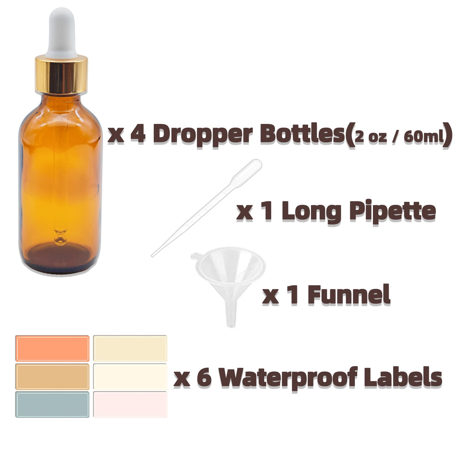 Zkupanx 4 PACK 2 oz Amber Glass Dropper Bottle, Golden Cap 60 ml Dropper Bottles, Tincture Bottle for Essential Oils, Liquids - Leakproof Travel Bottles