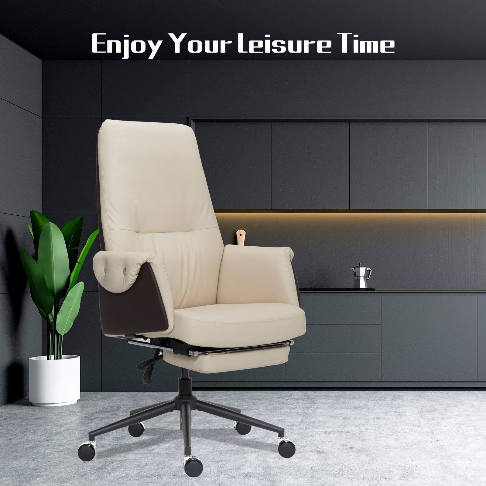 Leather Executive Chair Adjustable Reclining Swivel Office Desk Chair with Hidden Footrest Padded Armrest 350lbs Load-Bearing Strong Iron Frame Ergonomic High Back Master Computer Desk Chair – Beige
