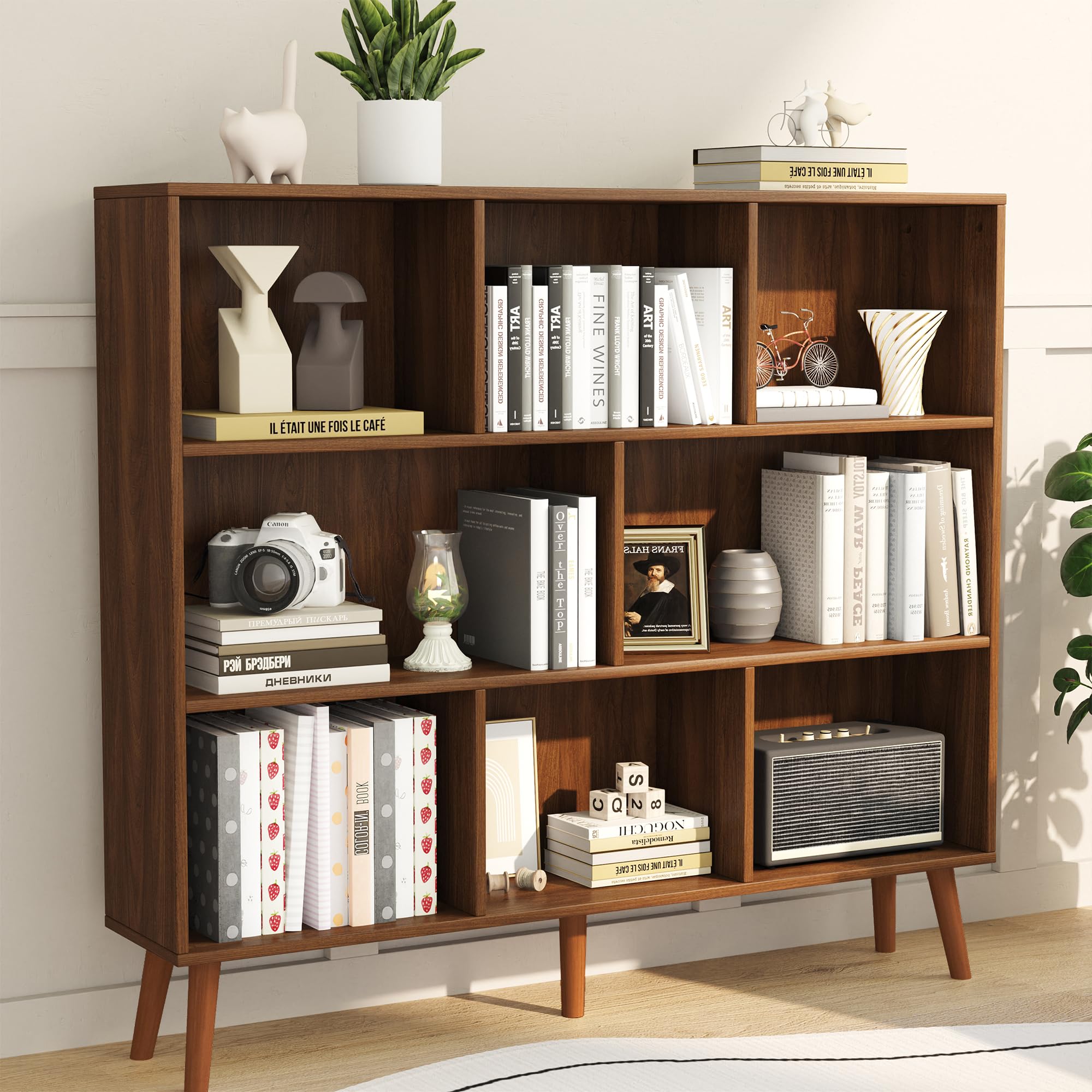 VICLLAX Wood 3 Tier Storage Shelf, 8 Cubes Free Standing Bookshelf with Legs, Display Bookcase for Living Room, Bedroom, Kids Room, Office, Walnut