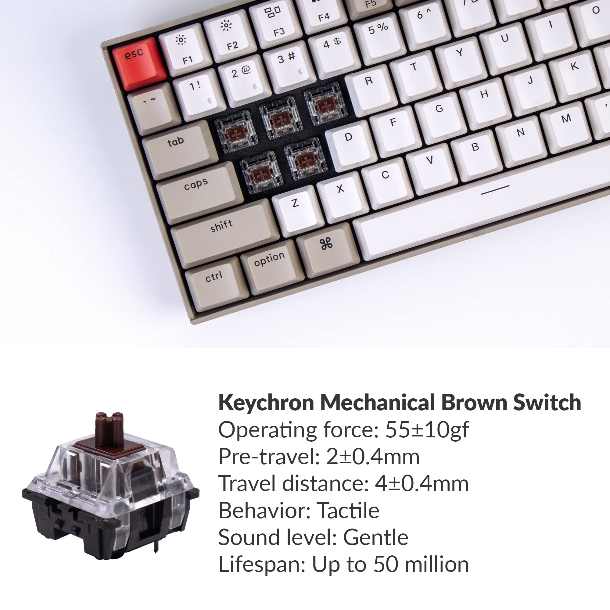 Keychron K2 Bluetooth Wireless/USB Wired Mechanical Gaming Keyboard Mechanical Brown Switch, Compact 84 Keys Non-Backlight Computer Keyboard for Mac & Windows