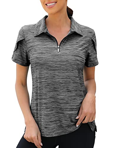 Viracy Golf Shirts Women, Collared T Shirts Overlap Short Sleeve 1/4 Zip Up Workout Tops Quick Dry Breathable Sun Protection Tops,Dark Grey-XL
