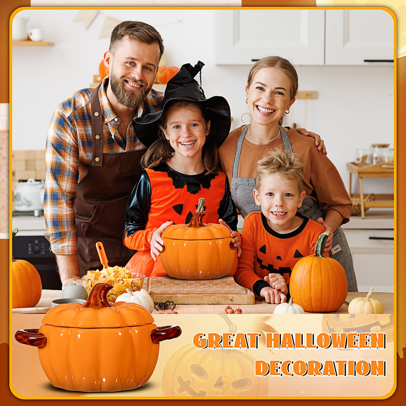 Uiifan 54 oz Ceramic Pumpkin Pot Pumpkin Soup Bowl Baking Pumpkin Bowls Pumpkin Casserole Dish with Lid Double Ear Pumpkin Cookware for Cooking Bakeware Home Halloween Thanksgiving, Oven Safe Orange