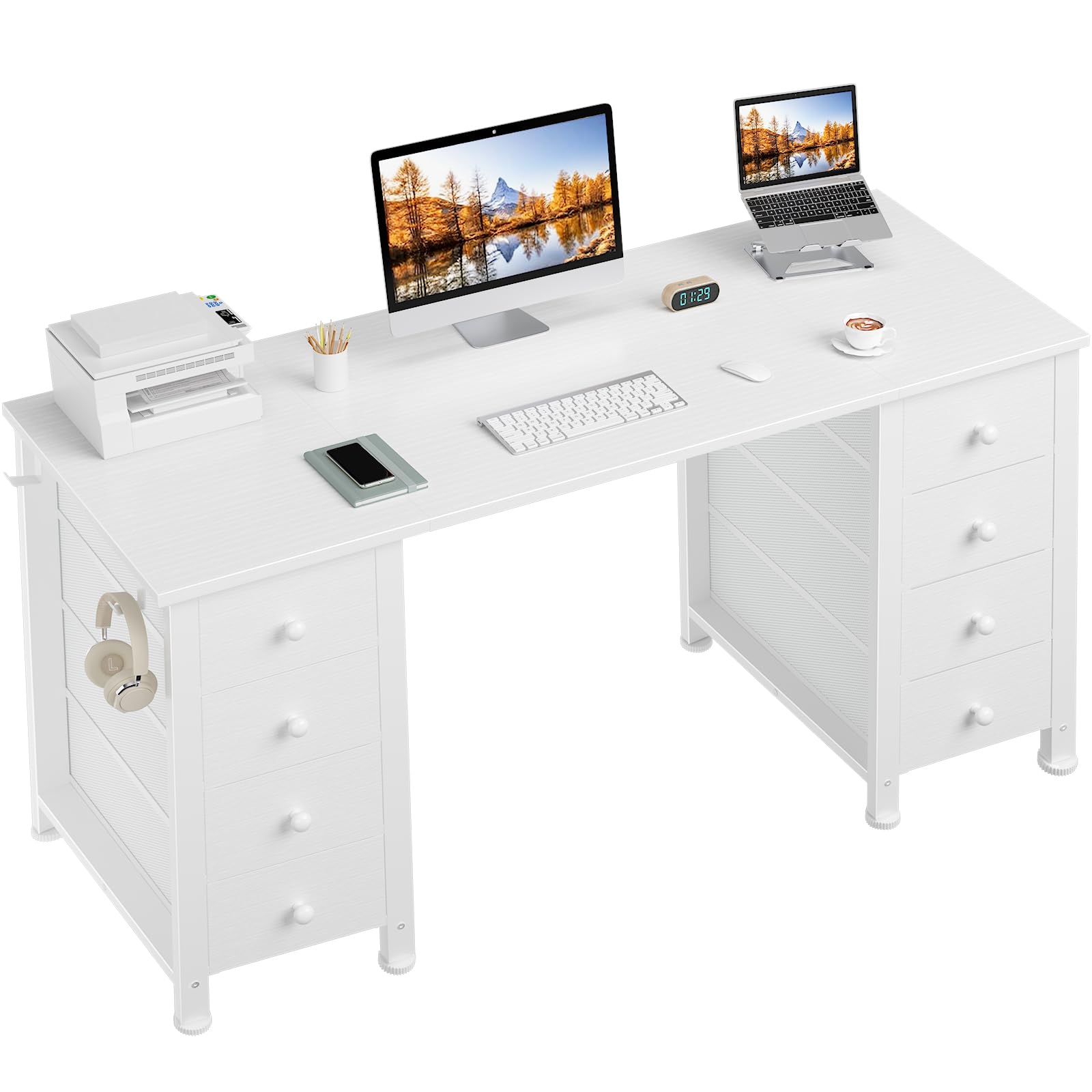 White Computer Desk with Drawers for Storage - 55 inch Home Office Desk with 8 Fabric Drawers, Writing Study Desk with Drawers on Both Sides for Bedroom