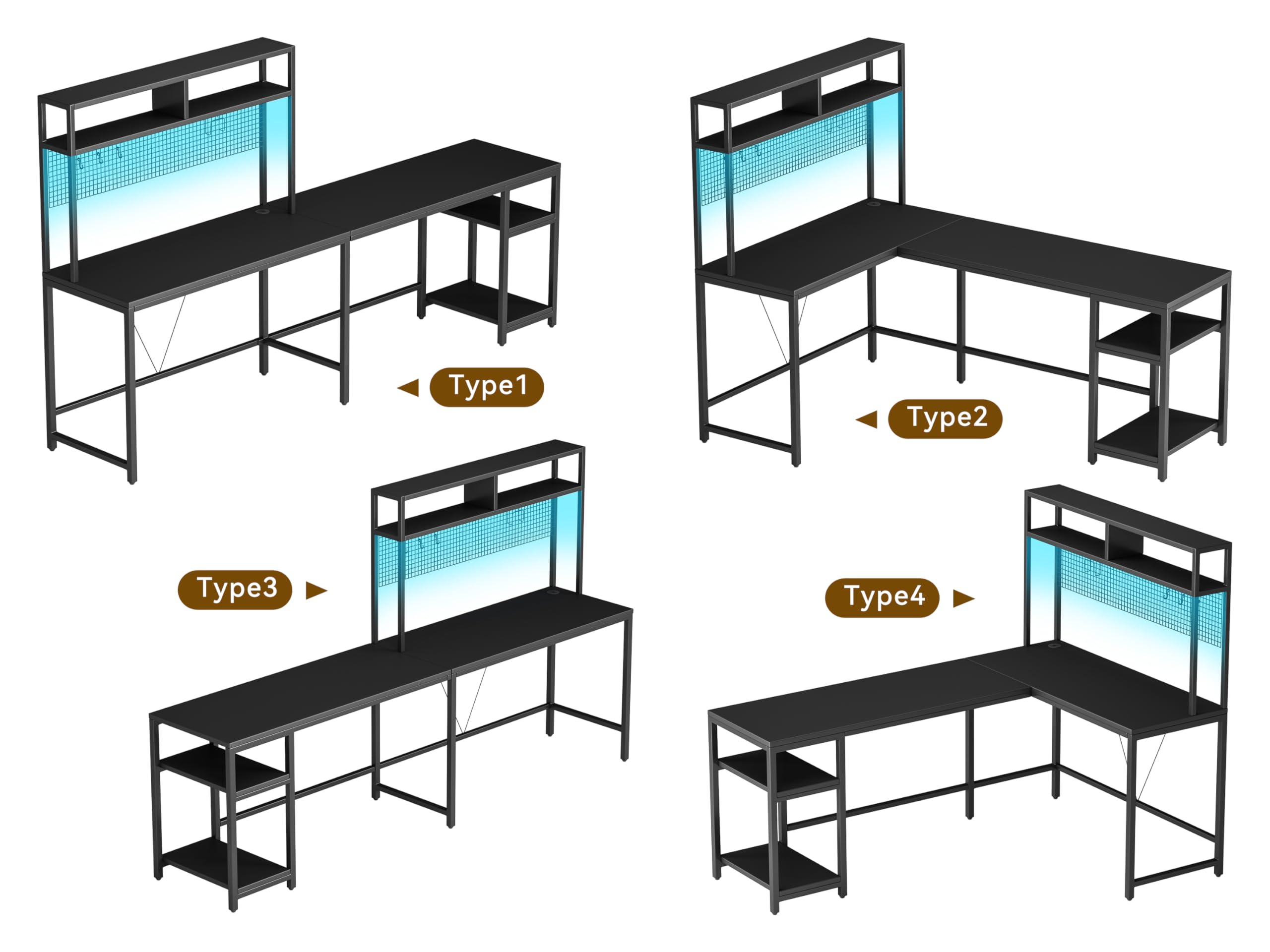 VEELOK 67 inch L Shaped Gaming Desk with Hutch Pegboard LED Lights, L Shape Desk for Home Office Bedroom