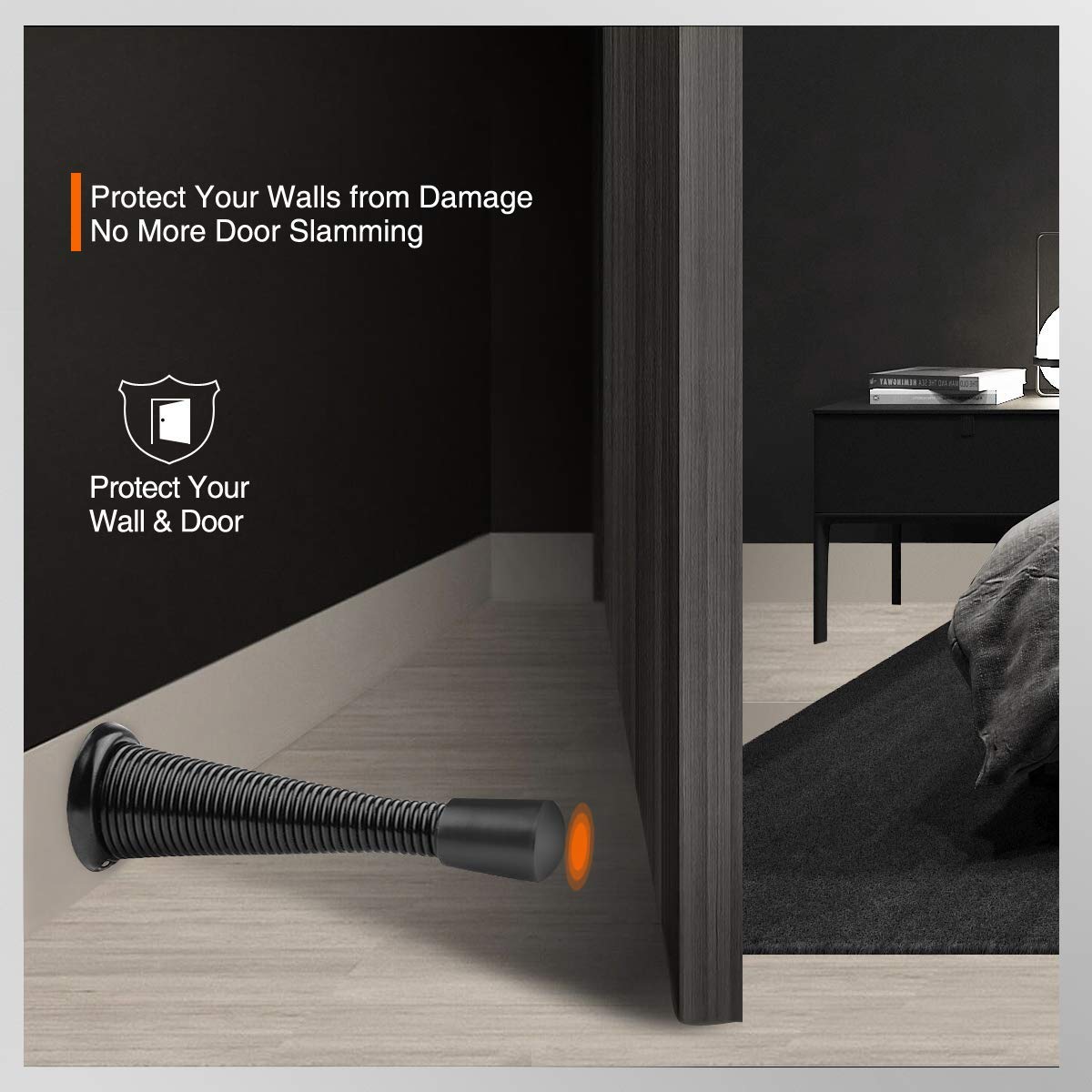 KOVOSCH 2 Pack Upgraded Spring Door Stoppers Black - Flexible Heavy Duty Screw-in Door Stop Spring, Wall Door Stopper with Black Bumper Tips