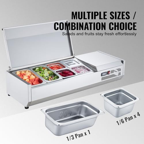 VEVOR, 135 W Countertop Refrigerated Condiment Station, with 2 1/3 4 1/6 Pans, 304 Body and PC Lid, Sandwich Prep Table Guard, ETL, Stainless 48in, Silver