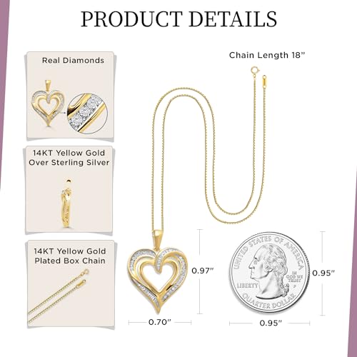 Jewelili Womens Heart Yellow Gold Over Sterling Silver Necklace with Natural White Round and Baguette Diamonds 1/4 Cttw 18" Box Chain
