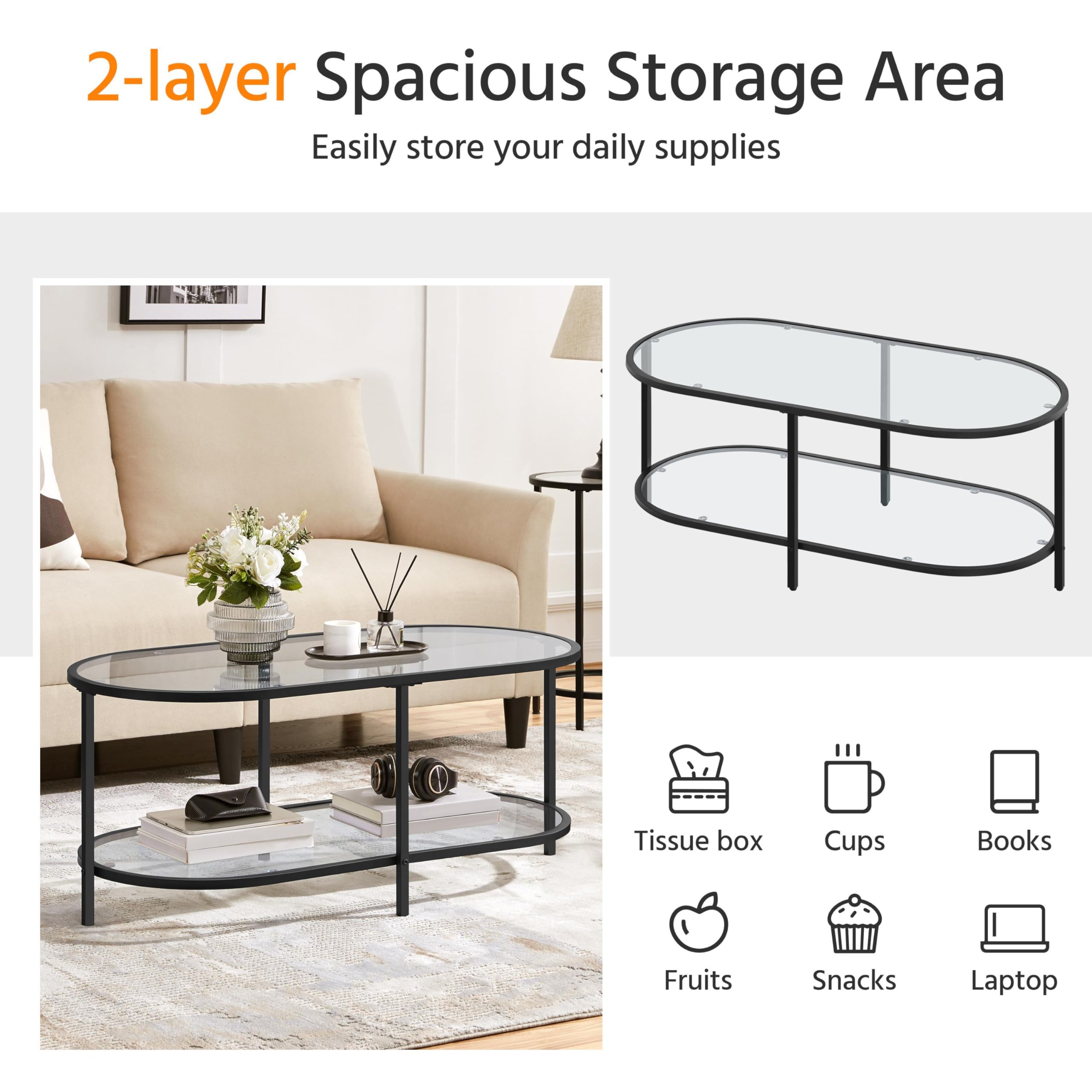 Yaheetech Glass Coffee Table, Black Small Coffee Table for Living Room, 2-Tier Modern Center Tea Table with Storage Shelf for Small Space, Apartment