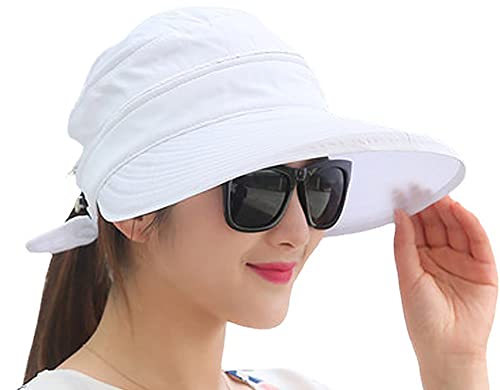 Womens Large Brim Sun Hat Uv Protection 2 in 1 Zip-Off Sun Protection Visor Beach Hat Packbale Foldable White