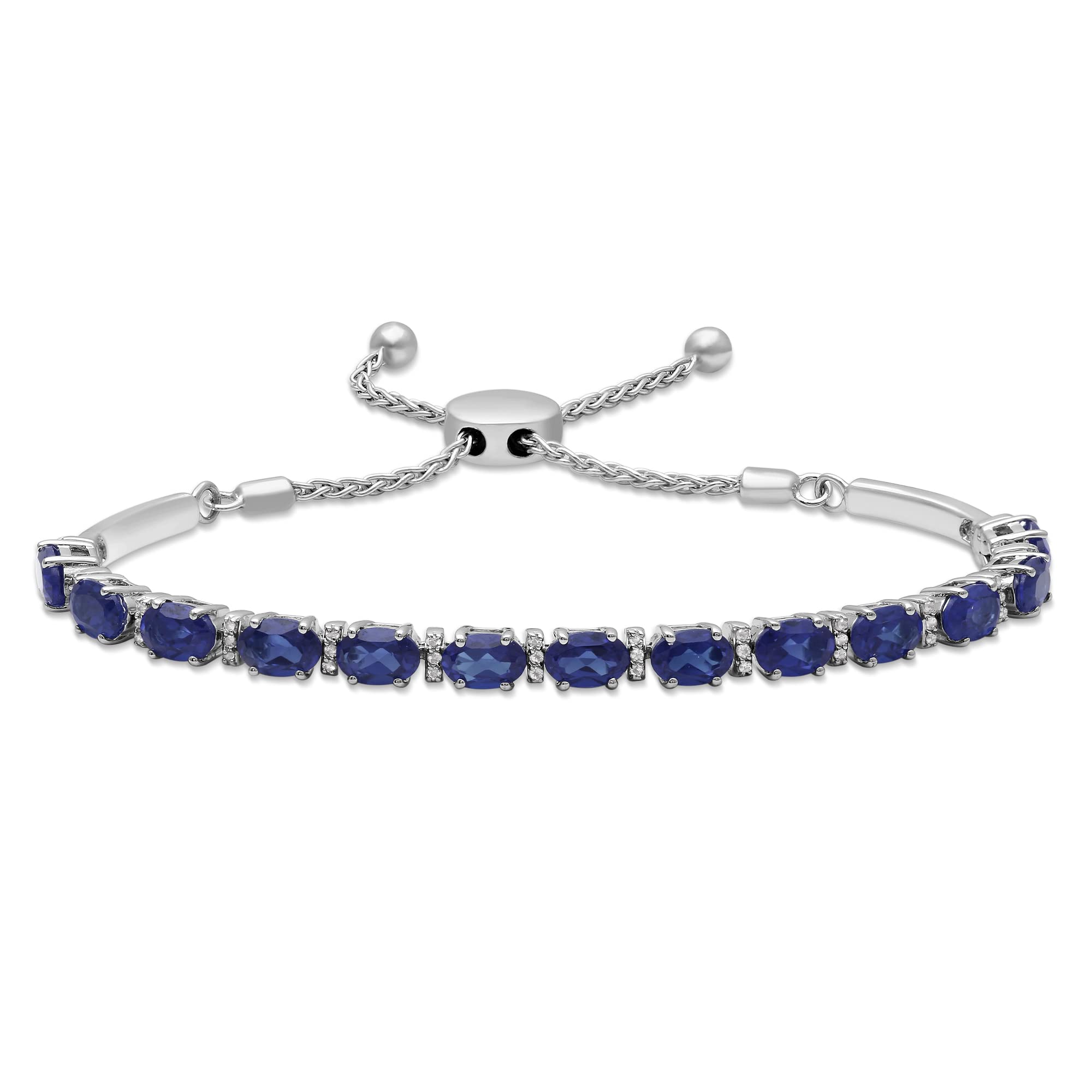 Jewelili Sterling Silver 6x4mm Oval Created Ceylon Sapphire and Round White Topaz Bolo Bracelet, 9.5"