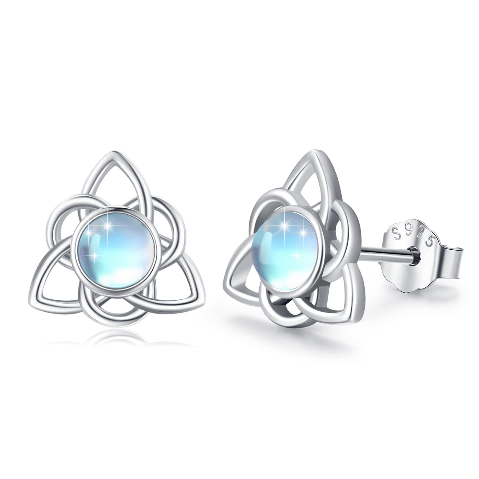 Moonstone Earrings for Women Celtic Knot Stud Sterling Silver Hypoallergenic Piercing Tiny Earring Rainbow Trinity Good Luck Irish Jewelry Xmas Gifts for Mother