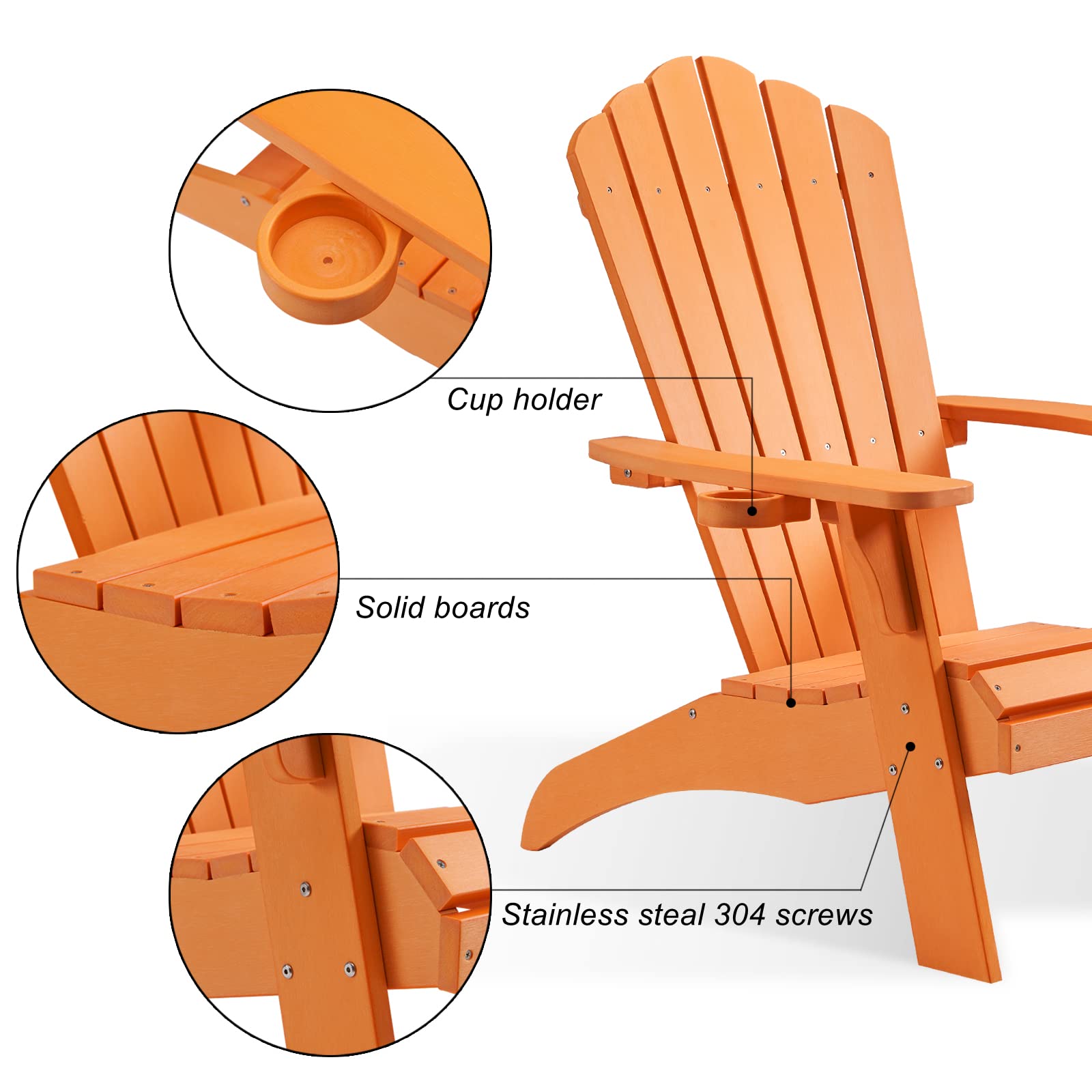 Psilvam Adirondack Chair, Oversized Poly Lumber Fire Pit Chair with Cup Holder, 350Lbs Support Patio Chairs for Garden, Weather Resistant Outdoors Seating, Relaxing Gift for Father & Mother (Orange)