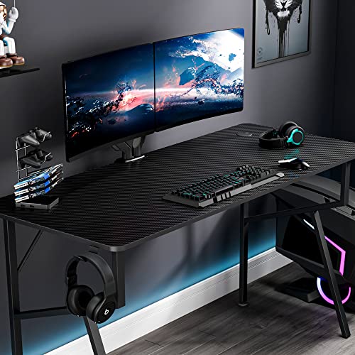 It's_Organized Gaming Desk 55 inch PC Computer Desk, K-Frame Home Office Desk Professional Gamer Workstation with Cup Holder Headphone Hook Gaming Handle Rack Free Mousepad, Black