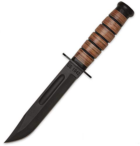 K EXCLUSIVE US Marine 1942 Combat Knife And Sheath - Stainless Steel Blade, Classic Stacked Leather Handle, Exact WWII Replica, Great for Field Carry - Length 12"