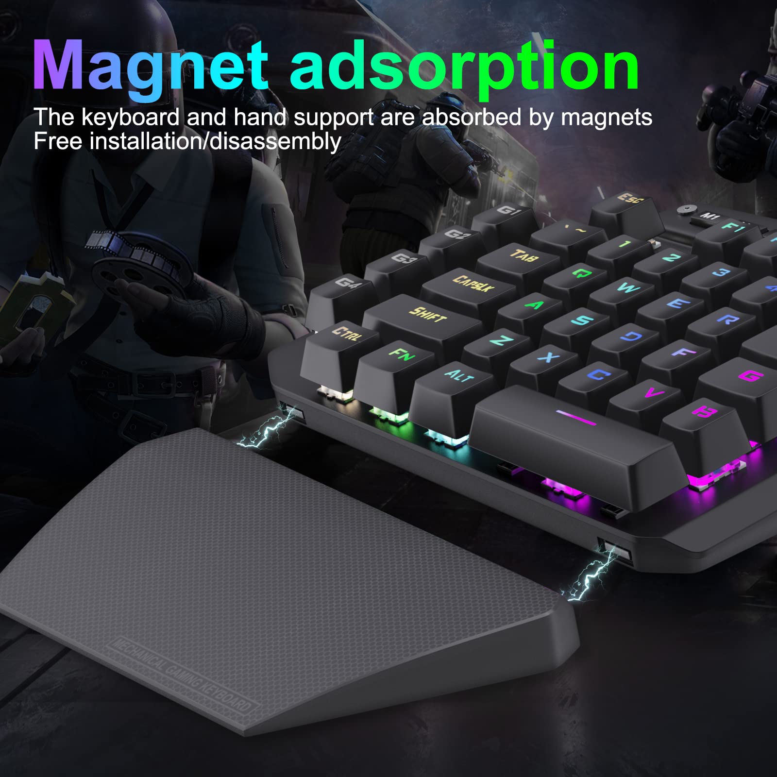 K-700 One Handed Mechanical Gaming Keyboard, RGB Led Backlit, Red Switches, 41 Macro Keys, Detachable Wrist Rest and Type C Cable, Hot Swappable 44 Key