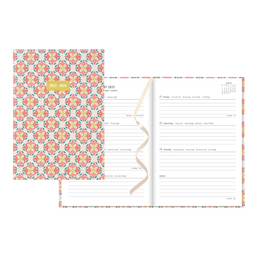 Letts of London Morocco Academic Weekly/Monthly Planner, August 2023 to July 2024, Week-to-View, Sewn Binding, Multilingual, A5 Size, 8.25" x 5.875", Coral (C031812-24)