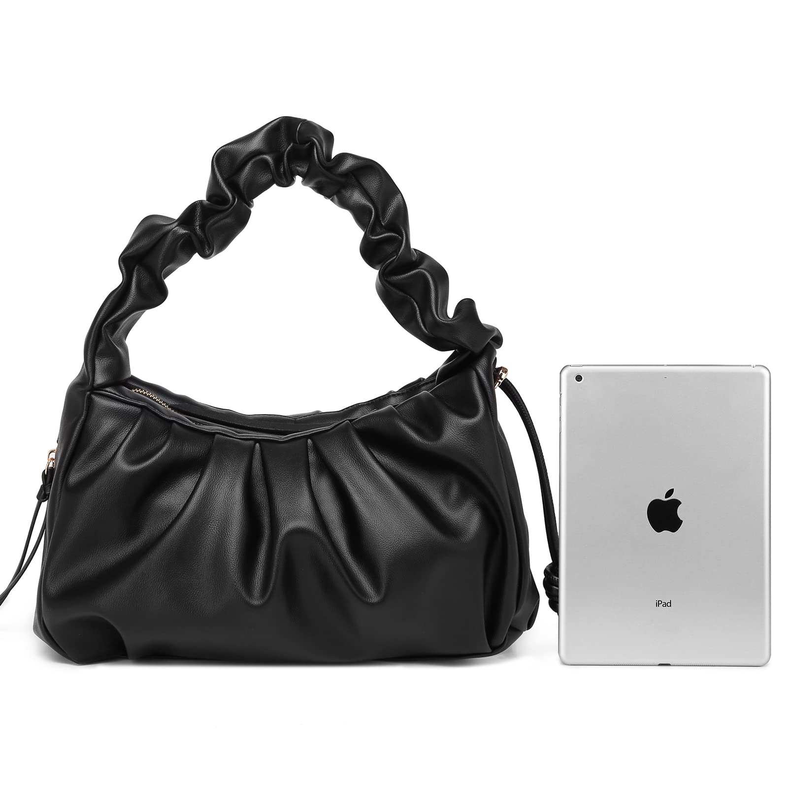 LUCKWE Ruched Hobo Bags for Women Satchel Purses Handbag Medium Crossbody Bags Drawstring Designer Shoulder Bag (Black)