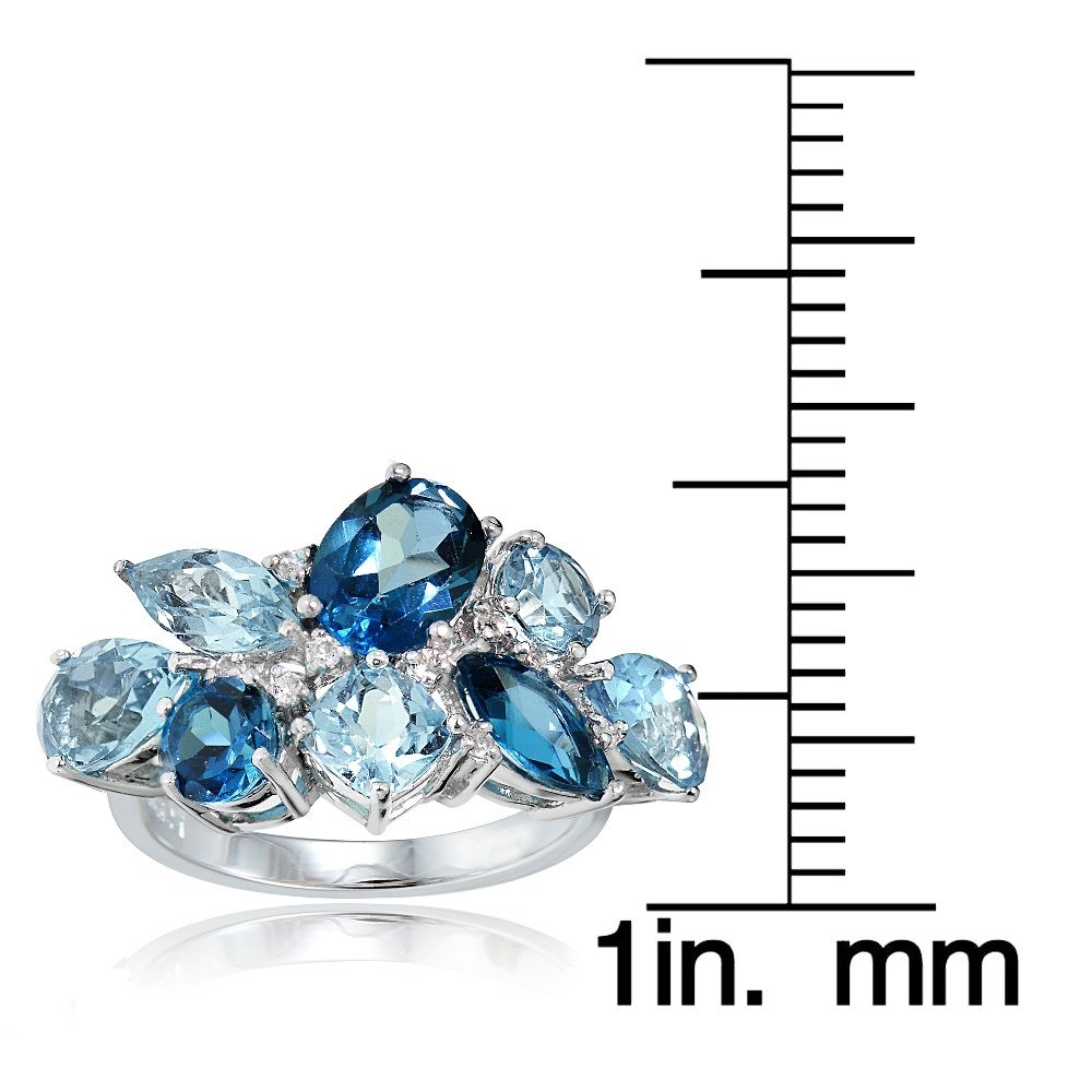 Ice Gems Sterling Silver Genuine London Blue, Blue Topaz, and White Topaz Cluster Tonal Ring