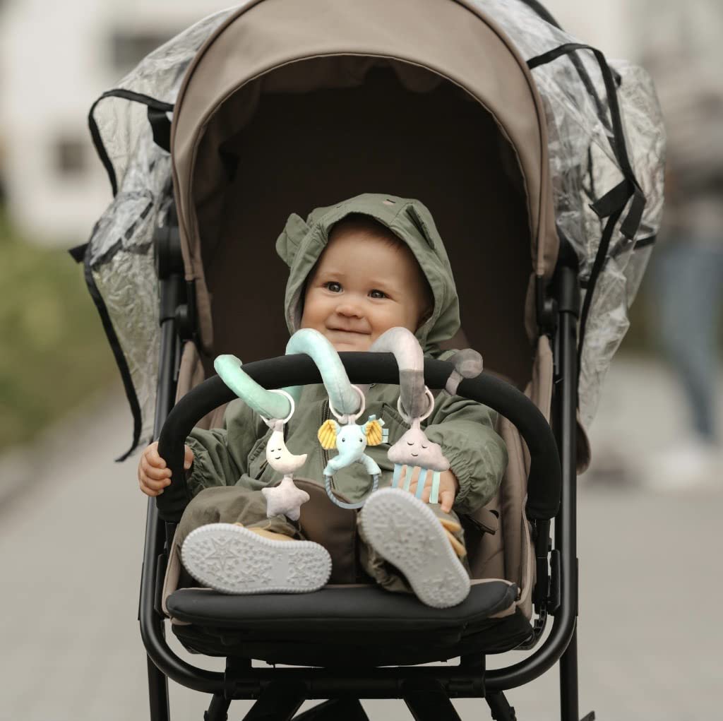 Reesy Bear Spiral Activity Toy for Car Seat, Stroller, Crib, or Play Gym; Features Hanging Plush Toys for Babies with Silicone Teether, Rattles, Crinkle Sounds, Squeaker, & Textured Ribbons - Sky Blue