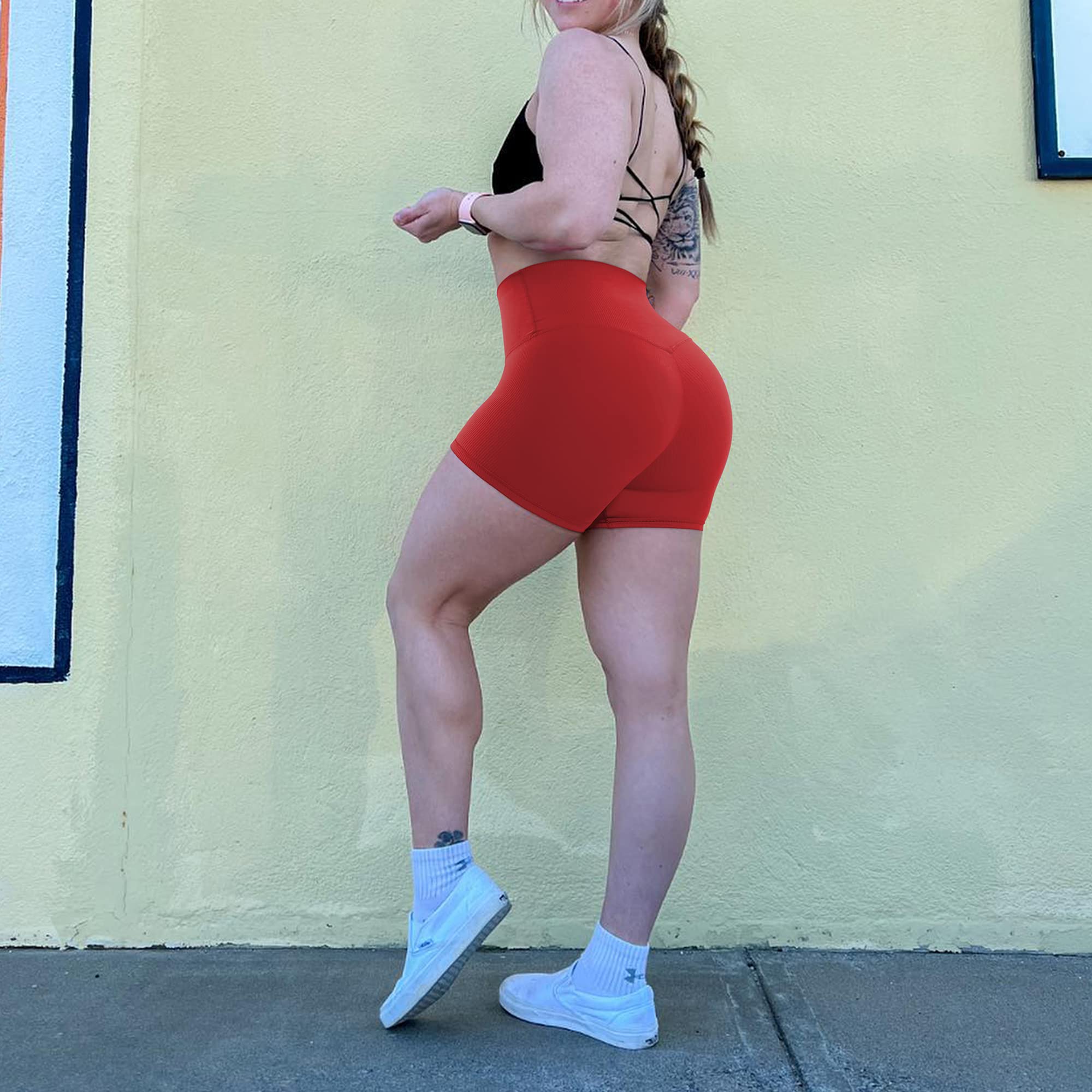 MOOSLOVER Women Ribbed Seamless Biker Shorts Butt Lifting High Waisted Workout Shorts(S,#1 Red)