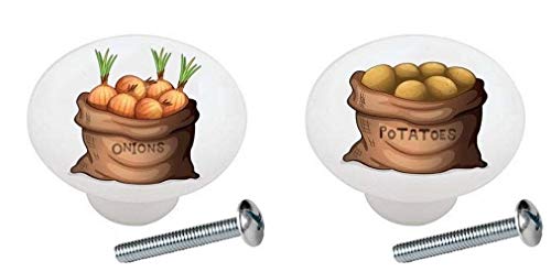 SET OF 2 KNOBS - Potatoes Onions Sack Bag - DECORATIVE Glossy CERAMIC Cupboard Cabinet PULLS Dresser Drawer KNOBS