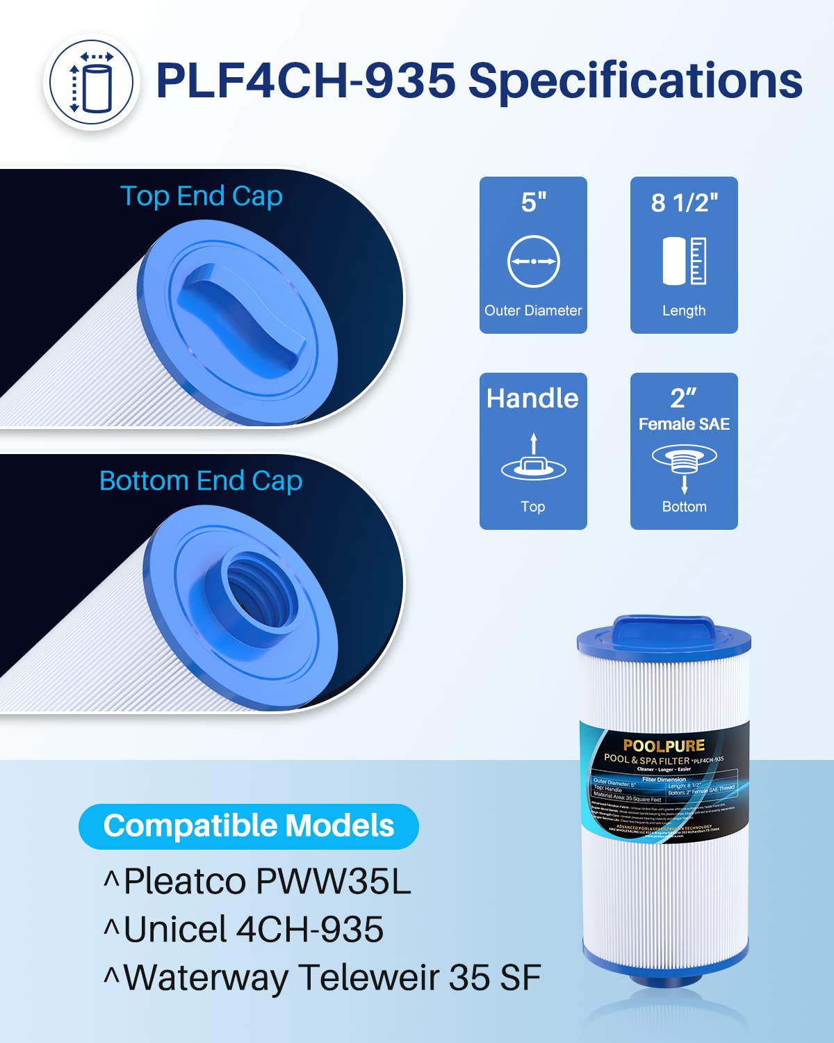 POOLPURE PLF4CH-935 Spa Filter Replaces Pleatco PWW35L, 817-4035, SD-01235, PDC580-AFS, Waterway Teleweir 35 SF, 1 Pack