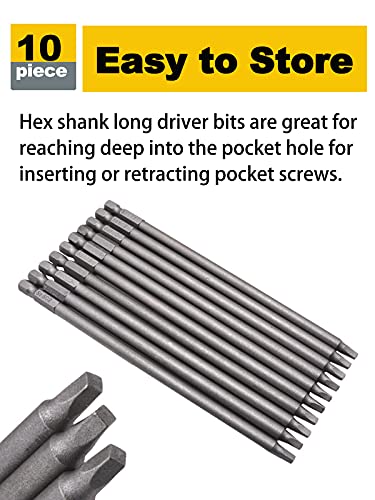 Rocaris 10pcs 1/4 Inch Hex Shank Long Magnetic Square Head Screwdriver Bits Set Power Tools SQ2 For Poket Hole Jig- 6 inch Length