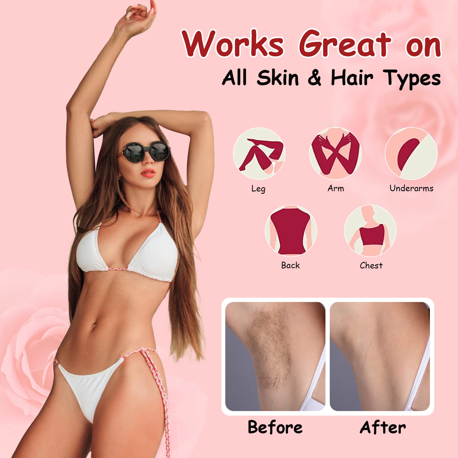 Seopri Waxing Kit for Women, Hair Removal Roll-on Wax with 2 Rose Soft Cartridges, 100 Strips, 10 Wipes