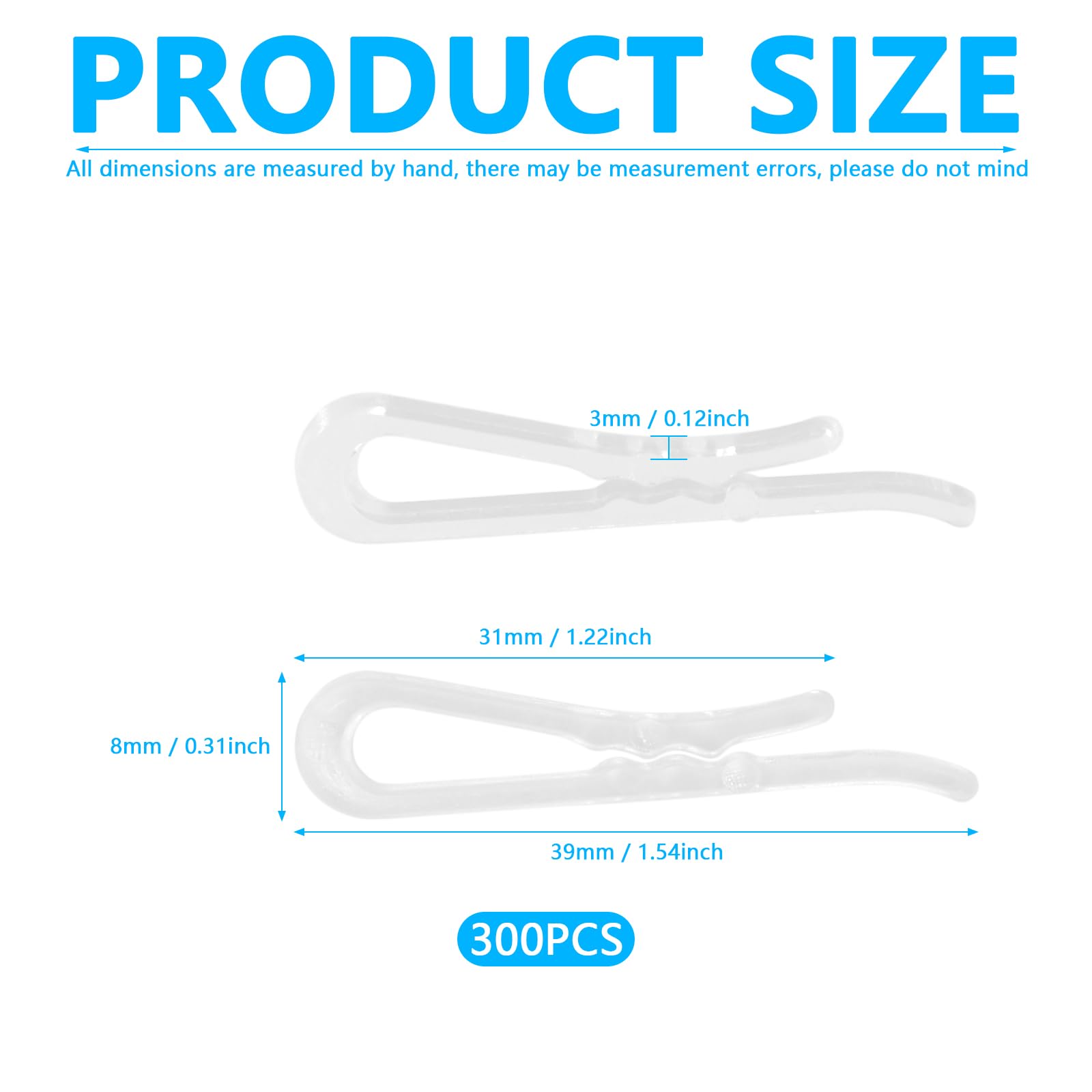 SHRJ 300Pcs Plastic Alligator Clip U Shape Clothespins Transparent Shirt Fixing for Ties Socks Pants Skirts, Hold Garments in Place, 1.5inch/38mm