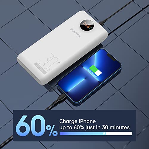 ROMOSS Power Bank, 20000mAh Portable Charger 30W USB C, Battery Pack Fast Charging with LED Display 3 Outputs and 3 Inputs External Battery bank for iPhone 13/12/11, iPad Android and More