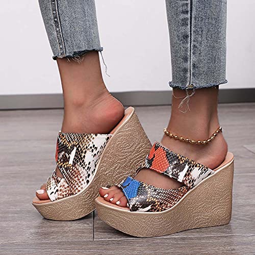 Snake Print Espadrilles Sandals for Women, Platform Wedges Sandals Platform Casual Summer Heels Open Toe Sandals (Brown, 37)