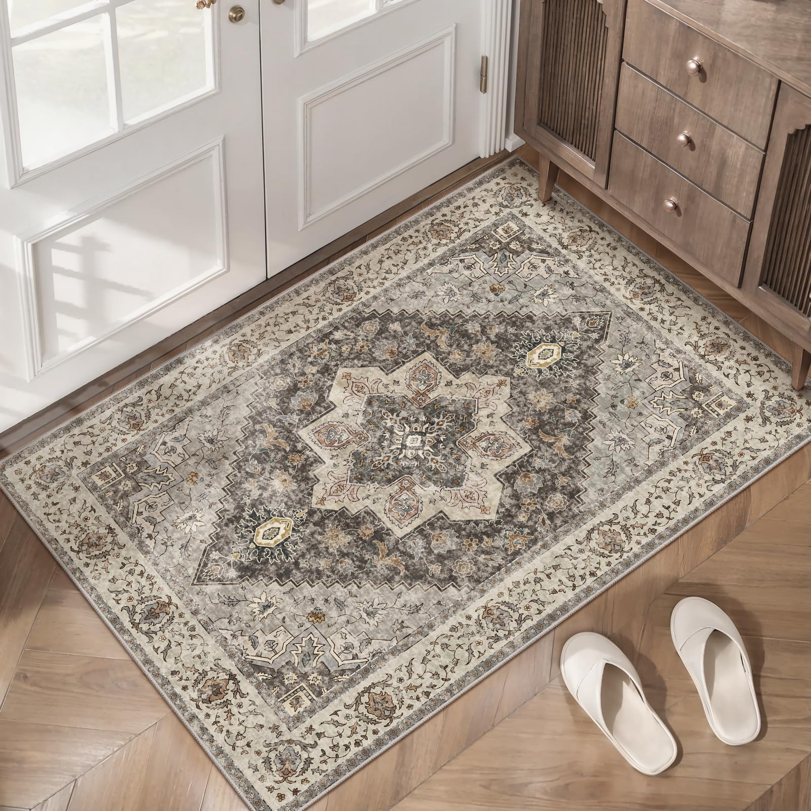 Tangsoo Vintage Rug 2x3 Washable Rug for Entryway, Non Slip Small Area Rug, Indoor Front Door Rug, Print Distressed Grey/Brown Door Mat Carpet, Soft Low Pile Rugs for Entrance Kitchen Bedroom Bathroom