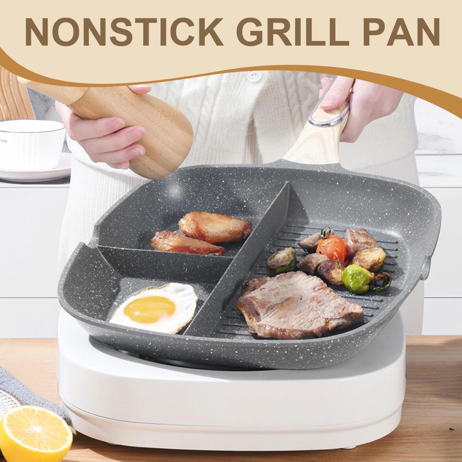 Tauvirboff Nonstick Grill Pan, 3-in-1 Nonstick Divided Breakfast Grill Pan for Stove Tops, Egg Frying Pan for Egg, Bacon & Burgers, Stone Coating Cookware for Gas, Electric & Induction, 11“ (Black)