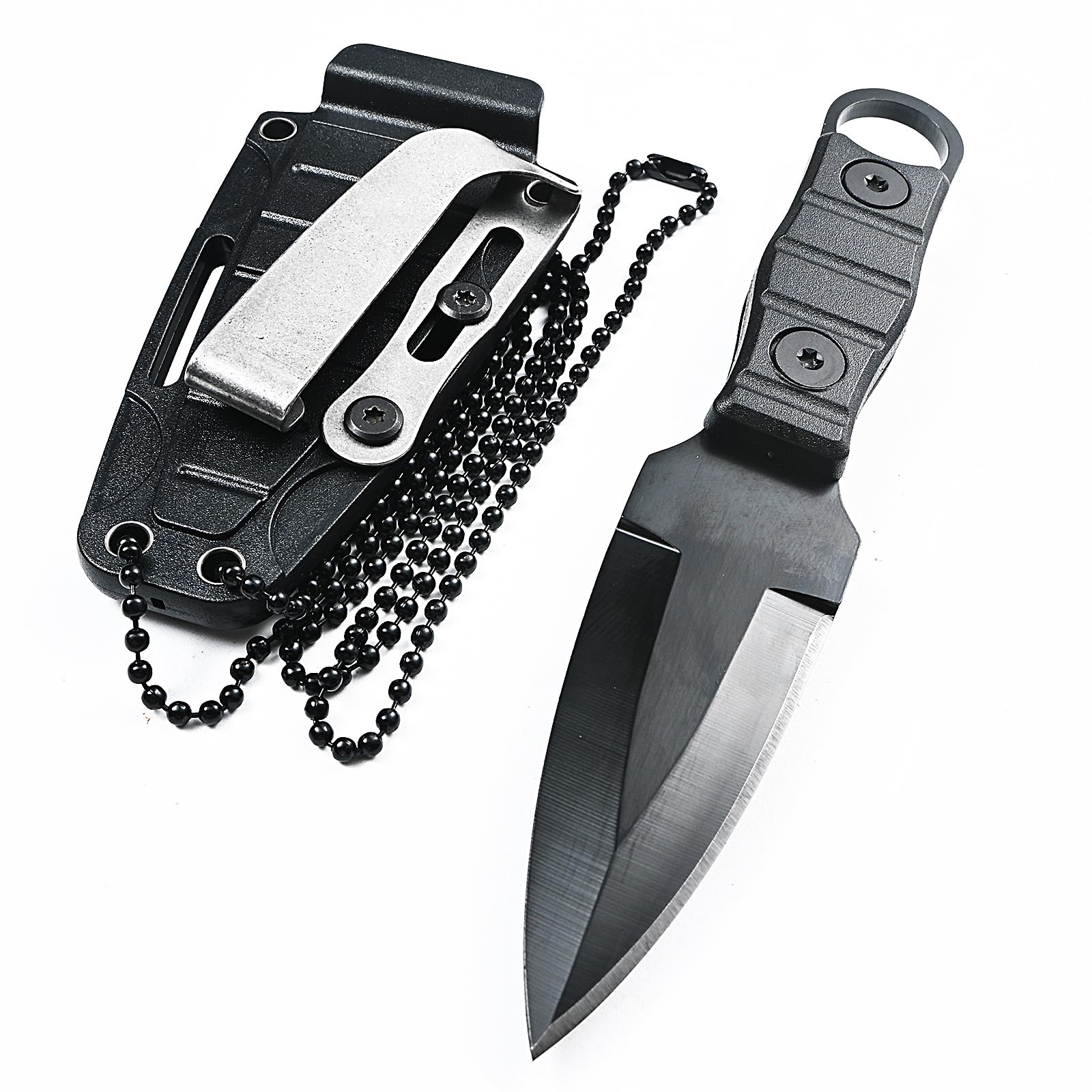 WILD TACTICAL Fixed Blade Knife, Full Tang w/Kydex Sheath, Belt Clip and Necklace easy Carry, Good for Camping Hiking Knife, Fishing Hunting edc MIN Knife Black