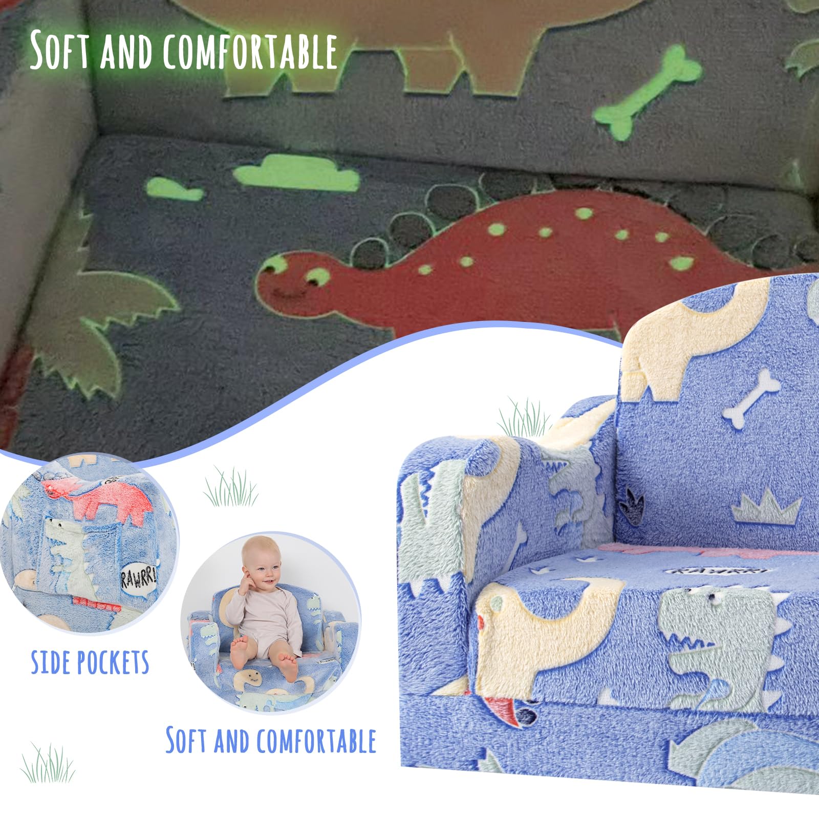 Thick Comfy Toddler Chair and Couch for Kids,2-in-1 Soft Plush Fold Out Sofa for Children,Convertible Couch to Lounger for Toddler