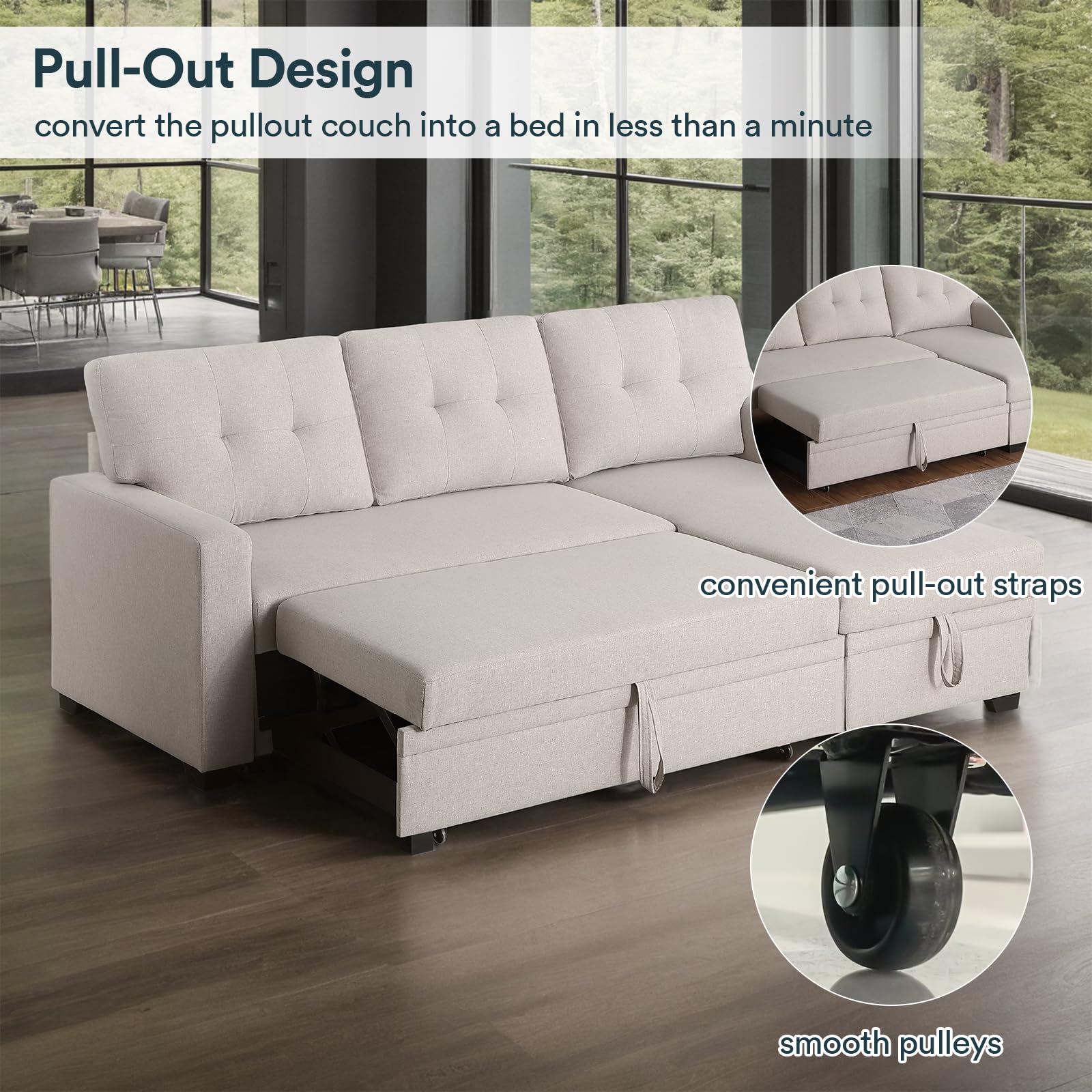 Skepphlay L Shaped Couch Sleeper Sectional Sofa Pull Out Sofa Bed Convertible Sleeper Sofa with Storage for Home Living Room, Beige