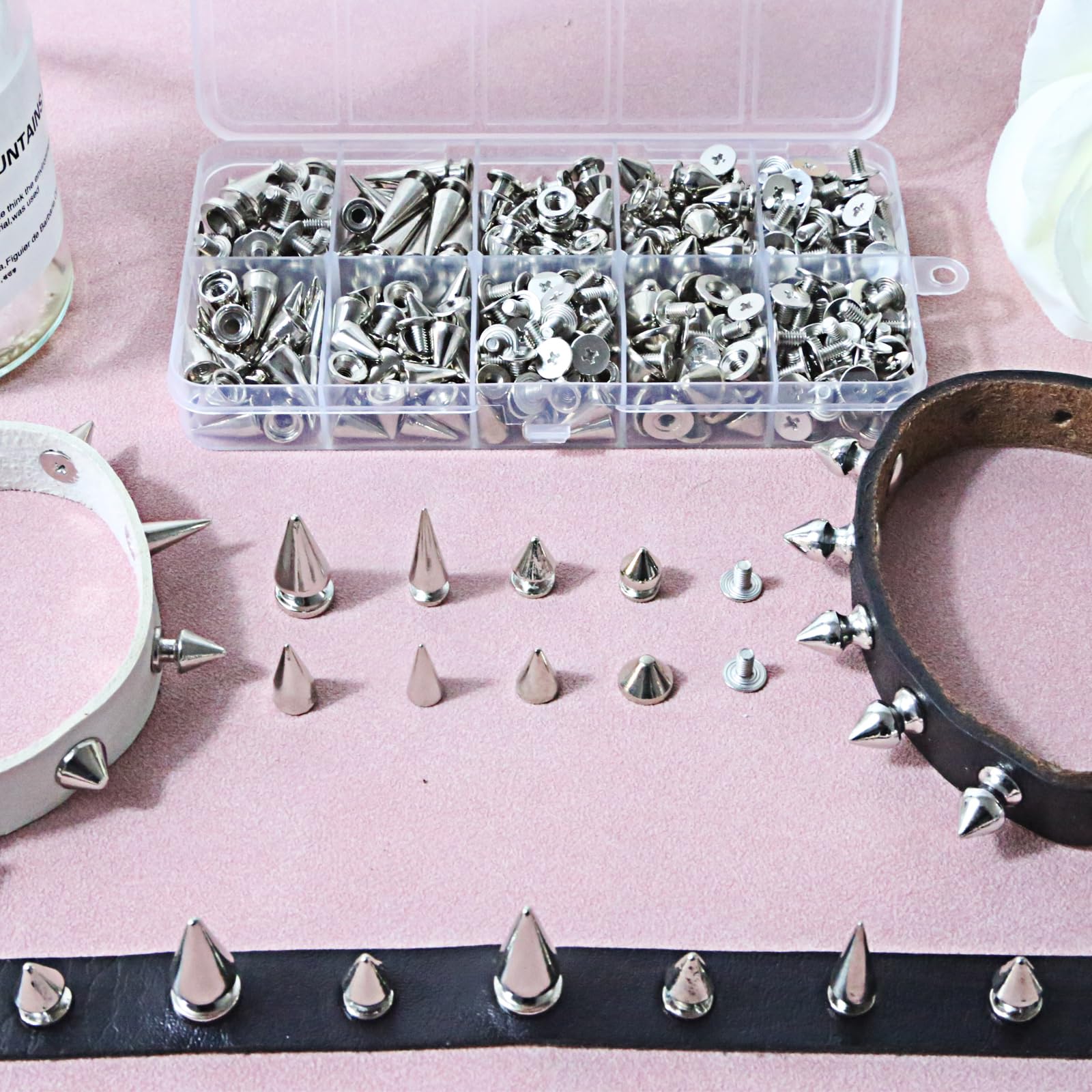 XKCWXY 354 Sets Punk Spikes and Studs Kit,8 Sizes Cone Spikes,Metal Tree Spikes Studs for Leathercraft and Punk Style Clothing Accessories DIY Craft Decoration
