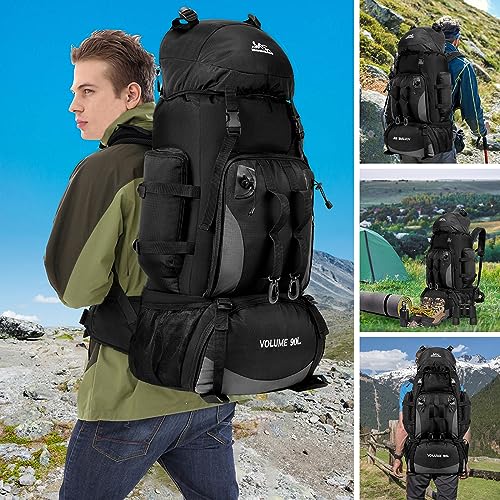 Unineovo 90L Large Capacity Outdoor Backpack for Women Men, Rainproof Camping Backpack with Rain Cover for Hiking, Camping and Traveling,Frameless (Black)