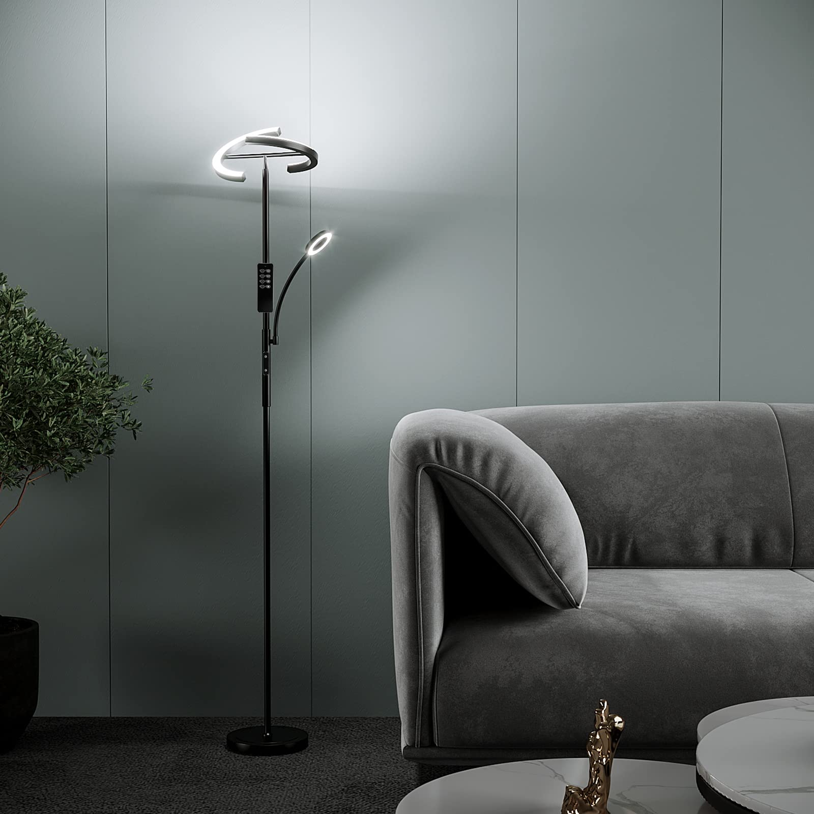 LED Floor Lamp with Reading Light, A ANTEN Modern Standing Lamp for Living Room, 20W Main Light & 7W Reading Lamp, Remote & Touch Control Dimmable Floor Light, Tall Black Pole Lamp for Bedroom, Office