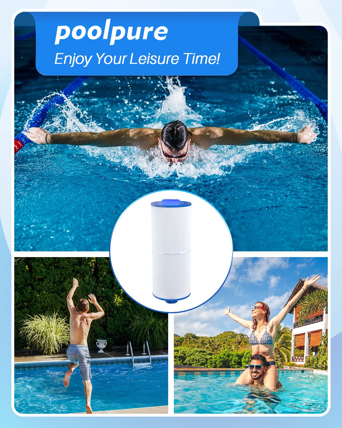 POOLPURE Removable Handle Spa Filter Replaces PJW60TL-OT-F2S, Jacuzzi Prem J300, J400, Unicel 6CH-961, 6541-383, 6540-476, 60 sq.ft Filter Cartridge with Built-in Dispenser, 2PACK