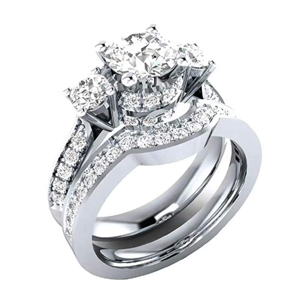 Luxury and Shining Womens 2-in-1 White Diamond Silver Engagement Wedding Band Ladies Rings