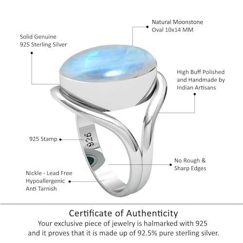 JEWELOPORIUM White Rainbow Moonstone Genuine 925 Silver Ring for Women Gemstone Handmade Silver Ring Size 8 Birthday Gift Cocktail Jewelry