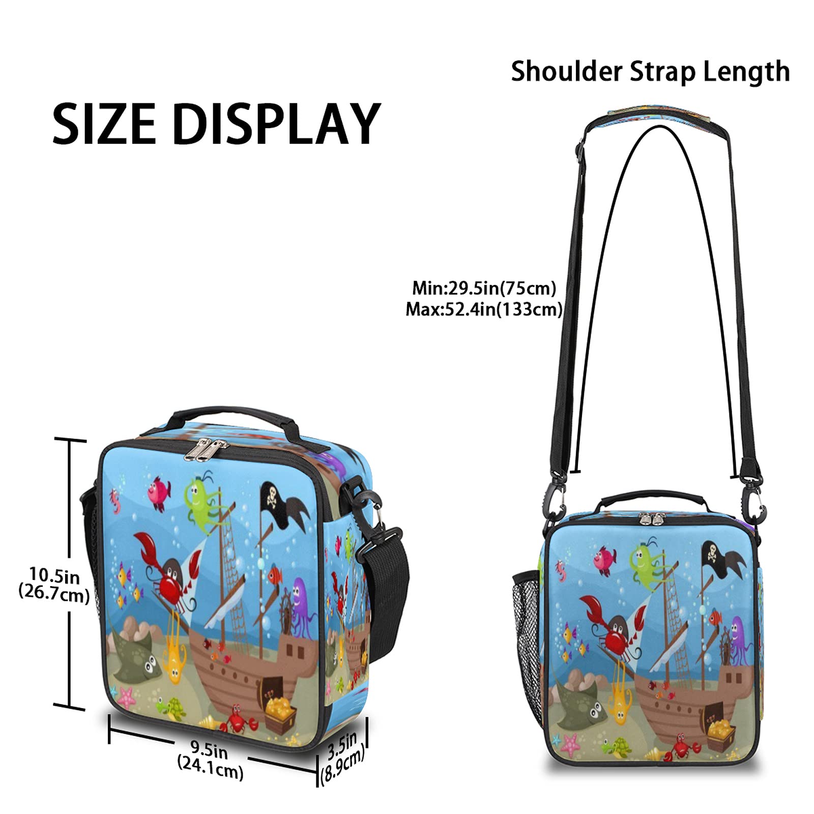 Insulated Lunch Bag for Women Men Pirate Ship Crab Lunch Box with Adjustable Shoulder Strap & Side Pocket Meal Prep Cooler Bag for School Work Picnic Beach Fishing