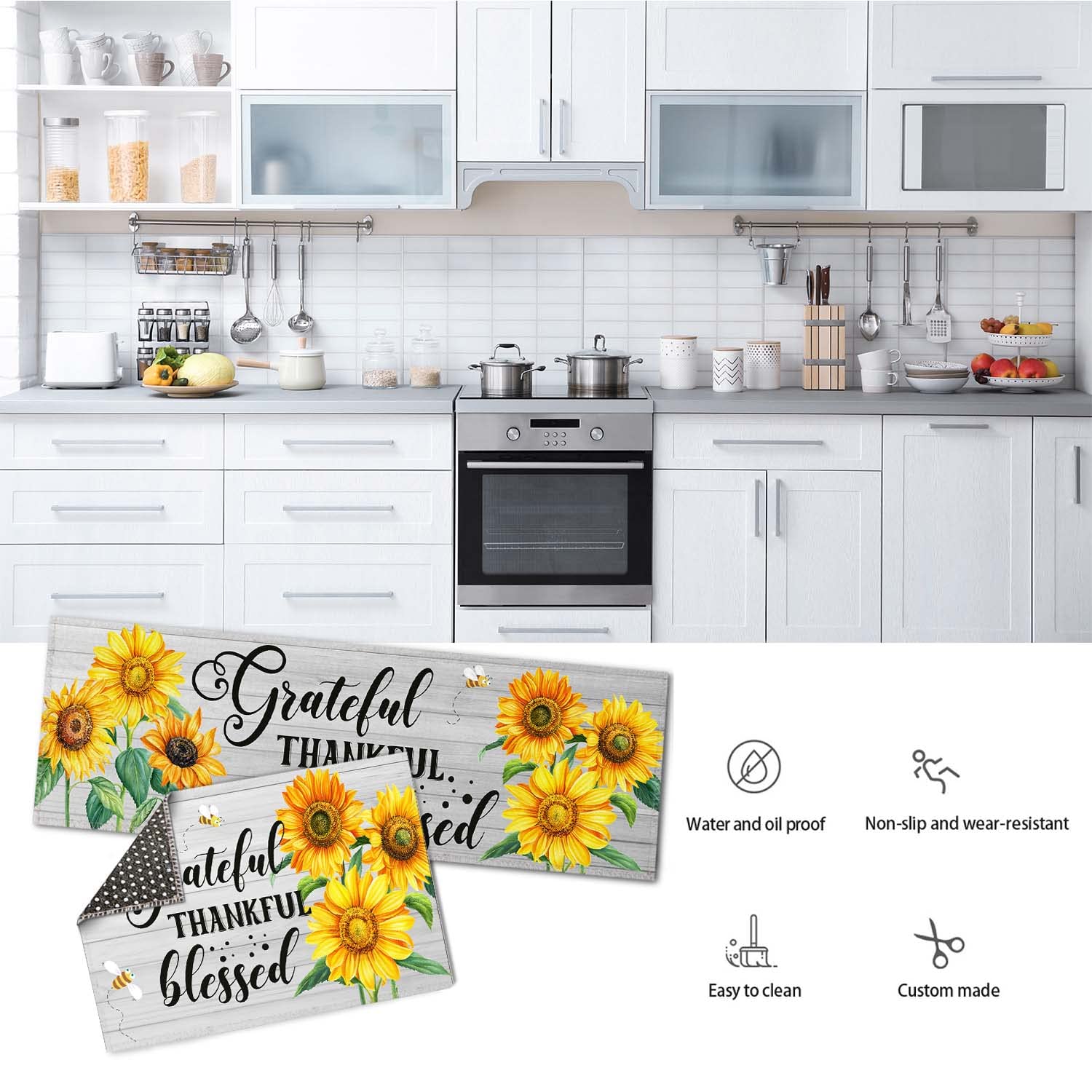 PRUKIVRA Kitchen Rugs and Mats,Non Skid Washable,Sunflower on Light Wood,Set of 2,Anti-Fatigue Comfort Standing Mat for Floor, Office, Sink, Laundry(17"x52"+17"x26")