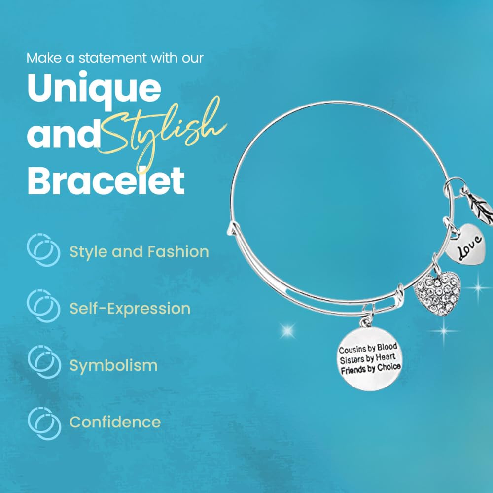 Infinity Collection Cousin Gift, Cousins by Chance, Friends by Choice Charm Adjustable Bangle, Cousin Jewelry for Women- Gift for Cousins